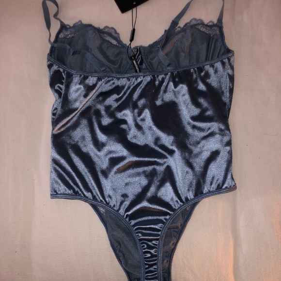 PrettyLittleThing | Tops | Baby Blue Satin Lace Trim Binding Bodysuit ...